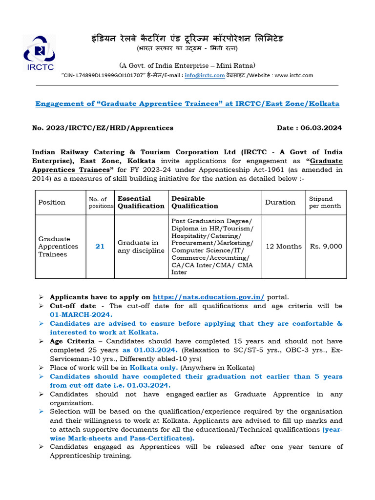 IRCTC Graduate Apprentice Trainees 2024 | PDF