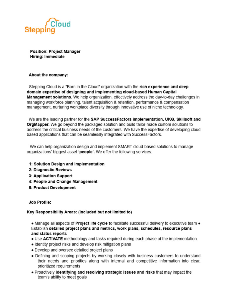 JD - Stepping Cloud - Project Manager | PDF | Employee Retention | Business