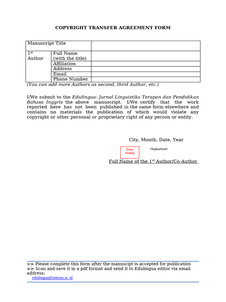 Copyright Transfer Form for Edulingua | PDF