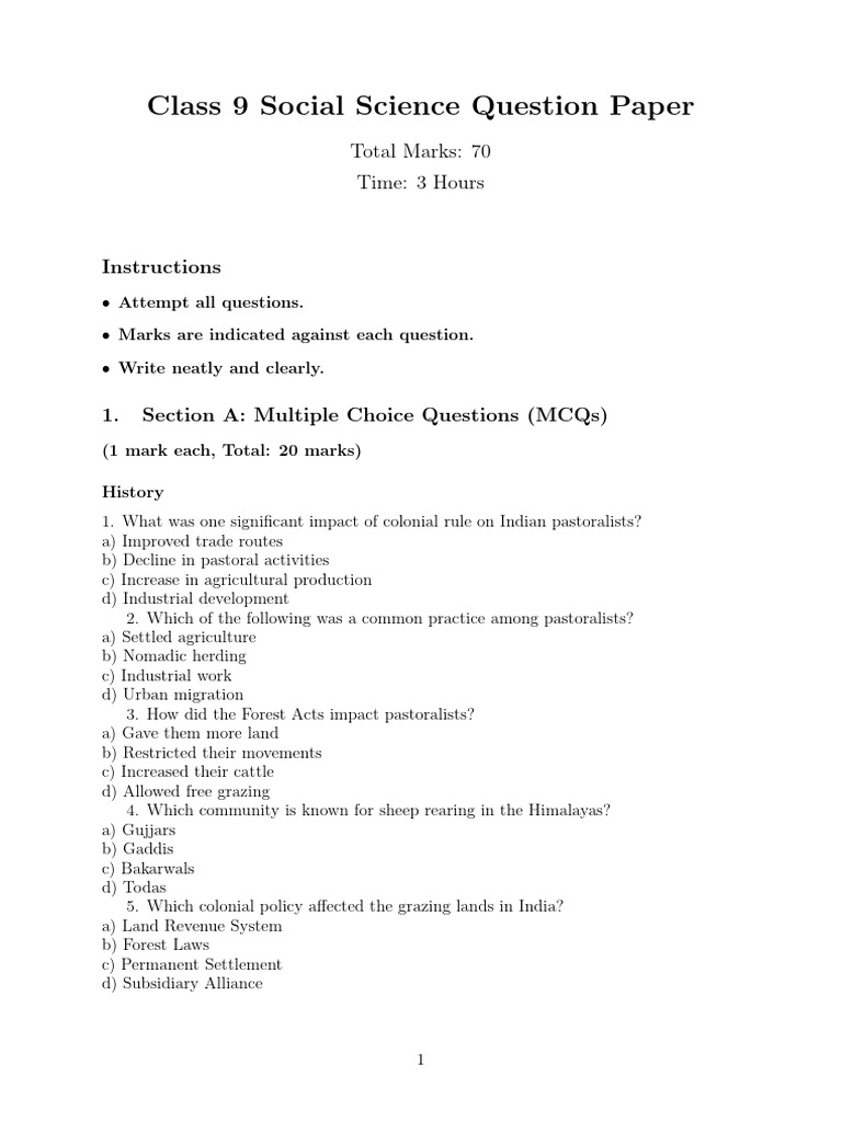 Class 9 Social Science Exam Paper | PDF | Pastoralism | Agriculture