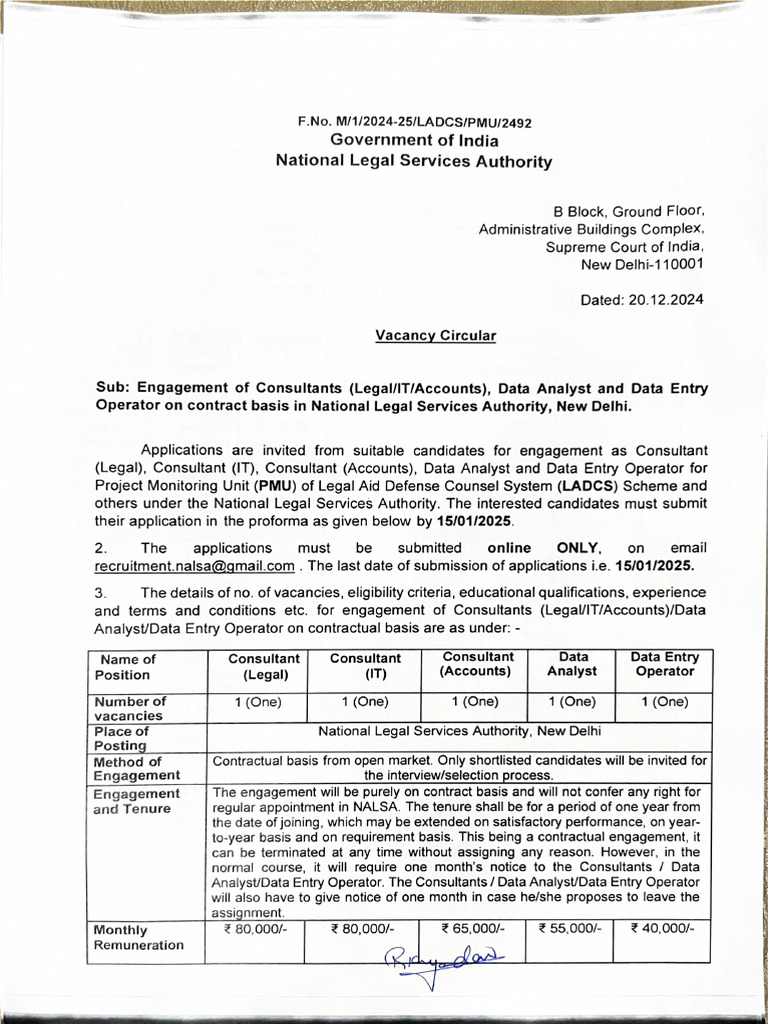 Vacancy Circular NALSA 2025 | PDF