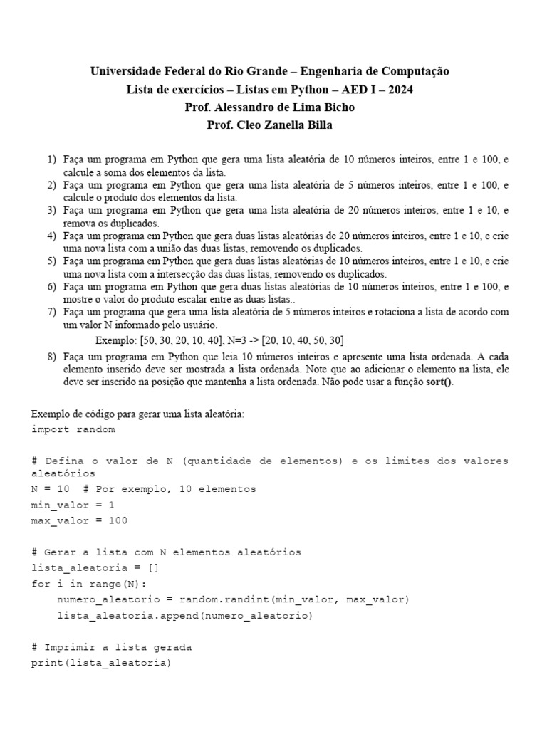 Lista de Exercícios - Listas - PYTHON - AED I - 2024 | PDF