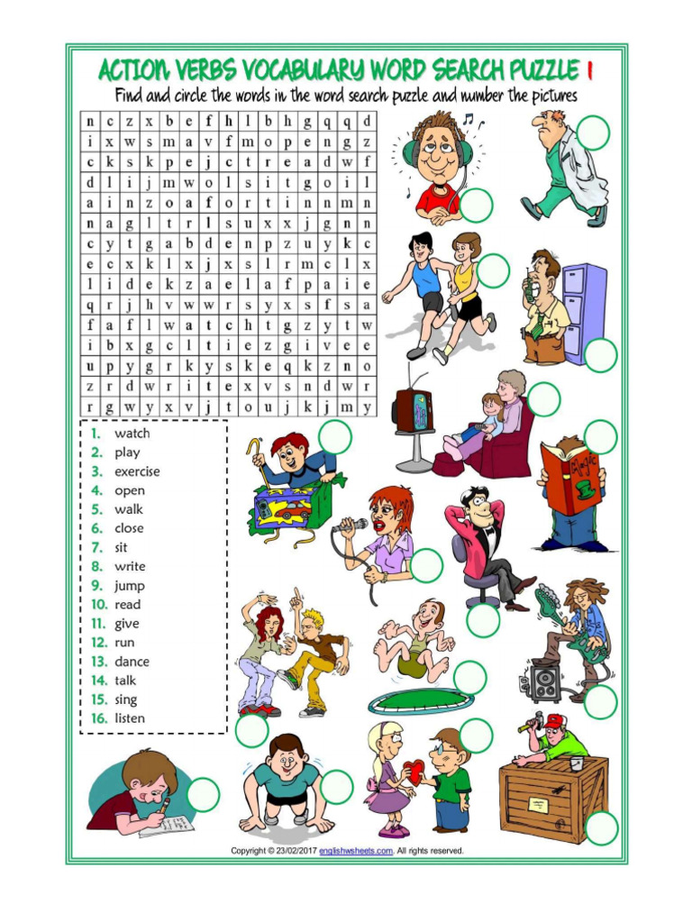 Action Verbs Vacabulary Word Search Puzzle | PDF