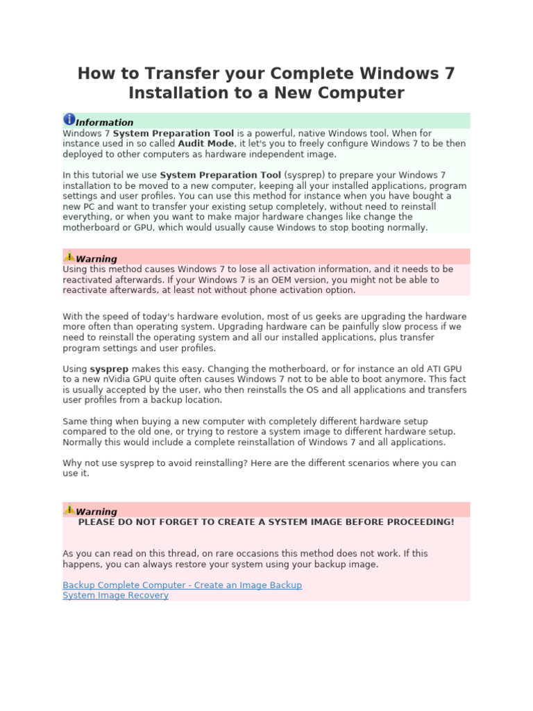 Transfer Windows 7 to New Computer Guide | PDF | Windows 7 | Microsoft ...
