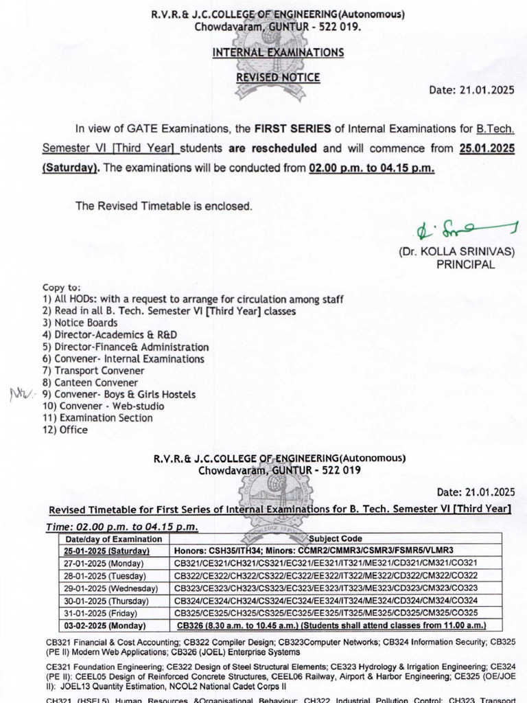 Revised Notice Time-Table 1st Internals B.tech.,Sem-VI 3rd Year | PDF