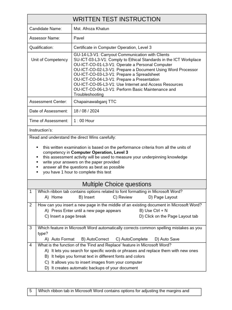 Written Test Instruction | PDF | Microsoft Word | Computing