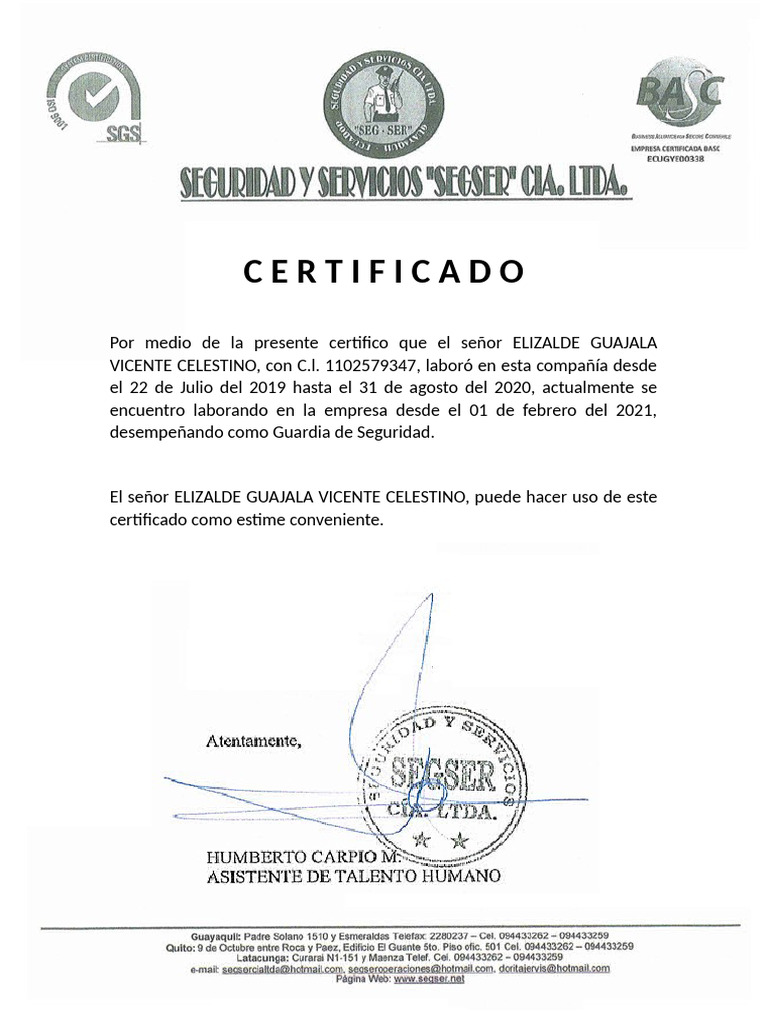 Certificado de Trabajo Segse | PDF
