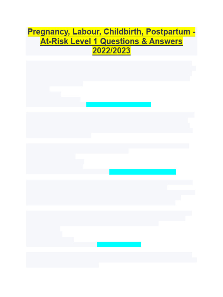 Pregnancy, Labour, Childbirth, Postpartum - At-Risk Level 1 Questions ...