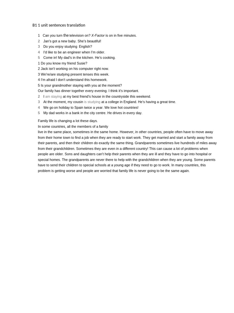 B1 1 unit sentences translation | PDF