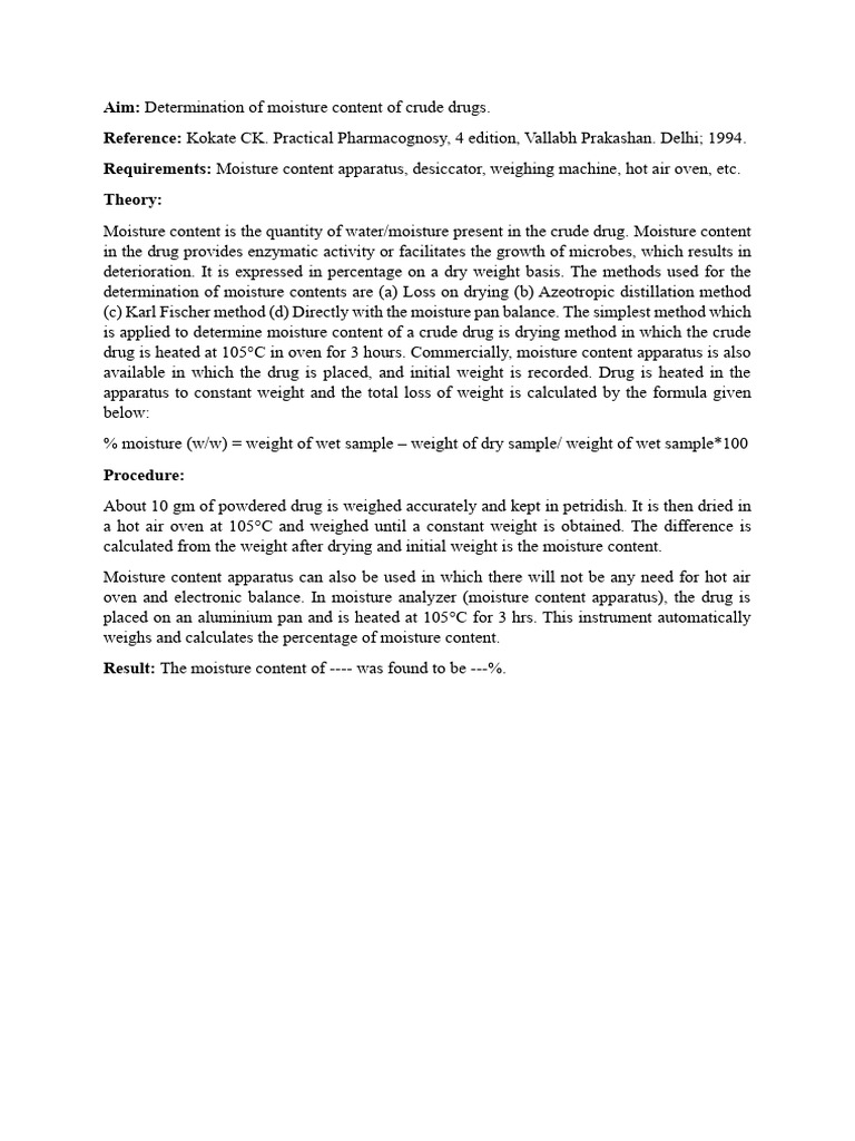 Determining Moisture Content in Crude Drugs | PDF