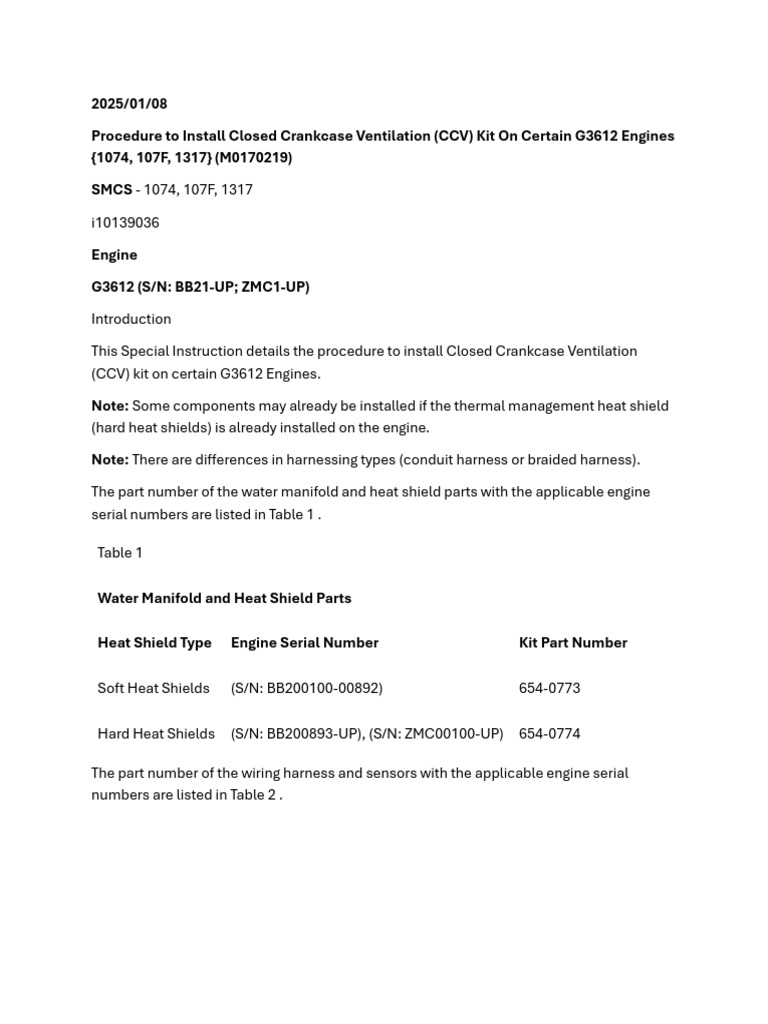 Procedure To Install Closed Crankcase Ventilation (CCV) Kit On Certain G3612 Engines (1074, 107F ...