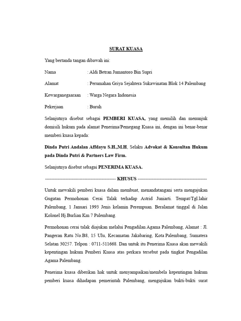 Surat Kuasa Permohonan Cerai Talak | PDF