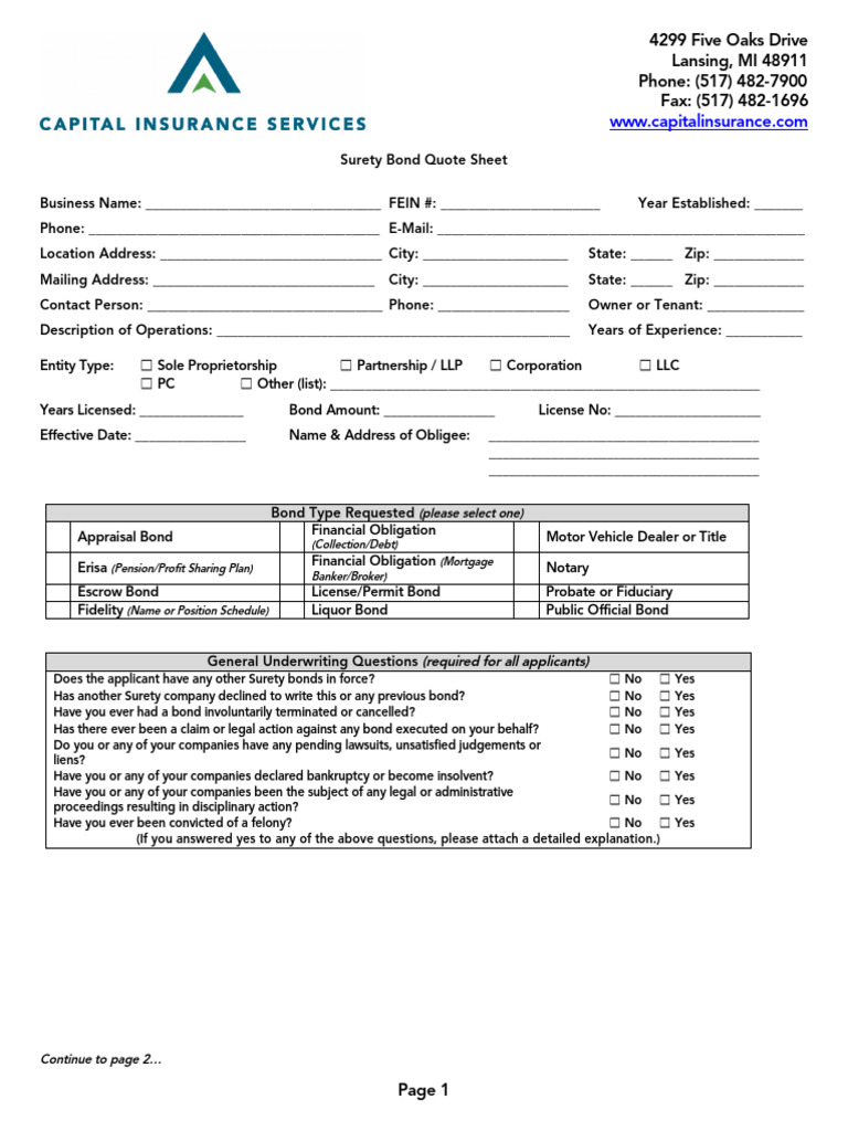 Surety Bond Quote Sheet Template | PDF | Surety | Financial Statement