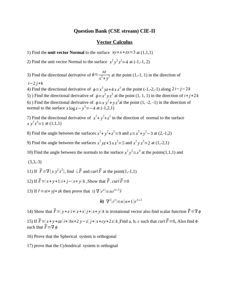 Question Bank For CIE-II CSE Stream | PDF | Differential Geometry | Mathematics
