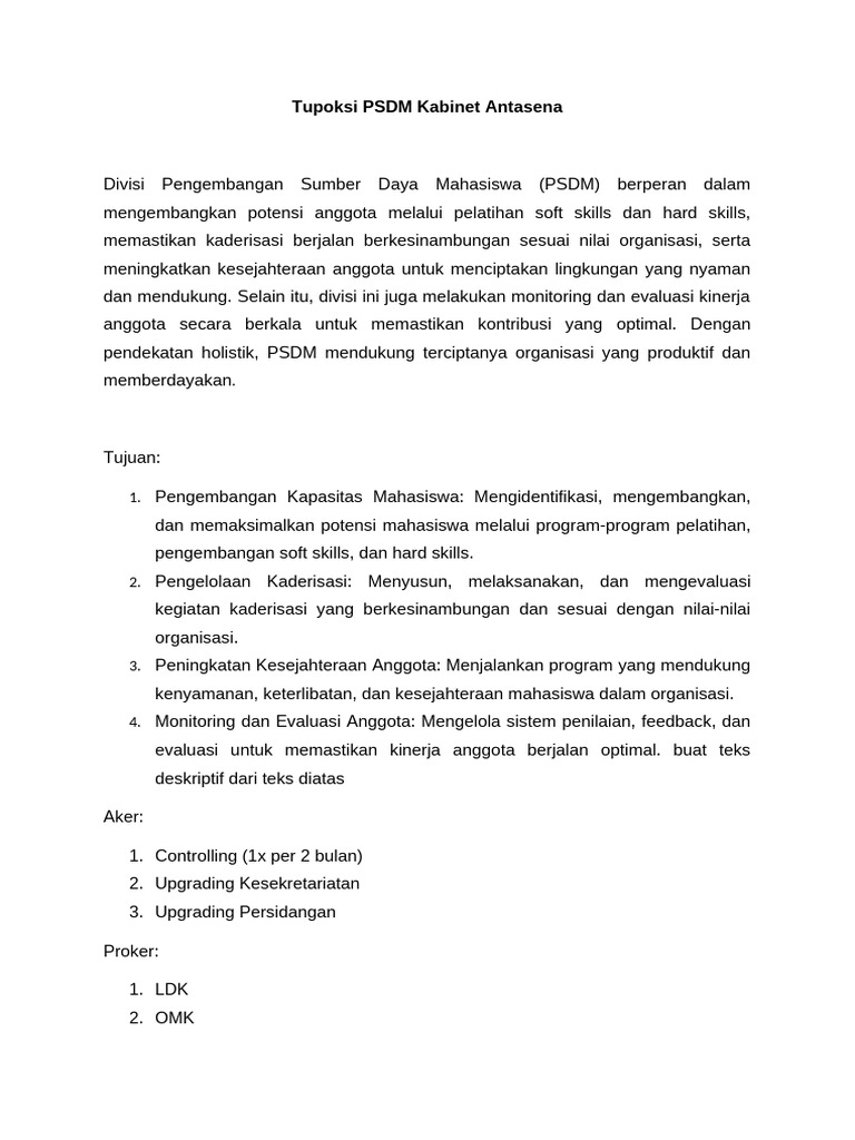 Tupoksi PSDM Kabinet Antasena | PDF