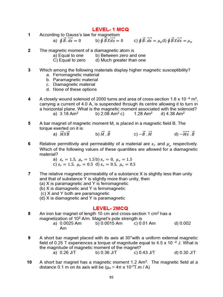 Magnetic Properties and Laws MCQs | PDF | Magnetism | Ferromagnetism