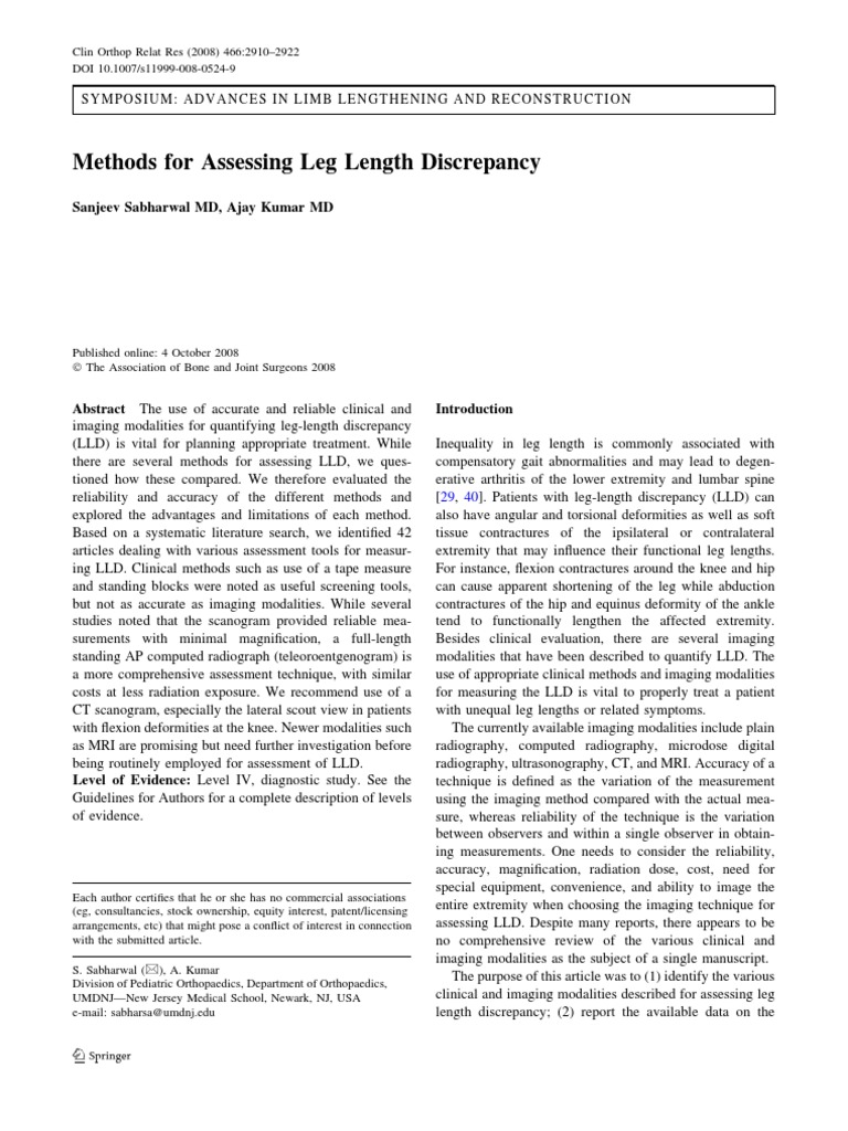 Methods For Assessing Leg Length Discrepancy | PDF | Medical Imaging ...