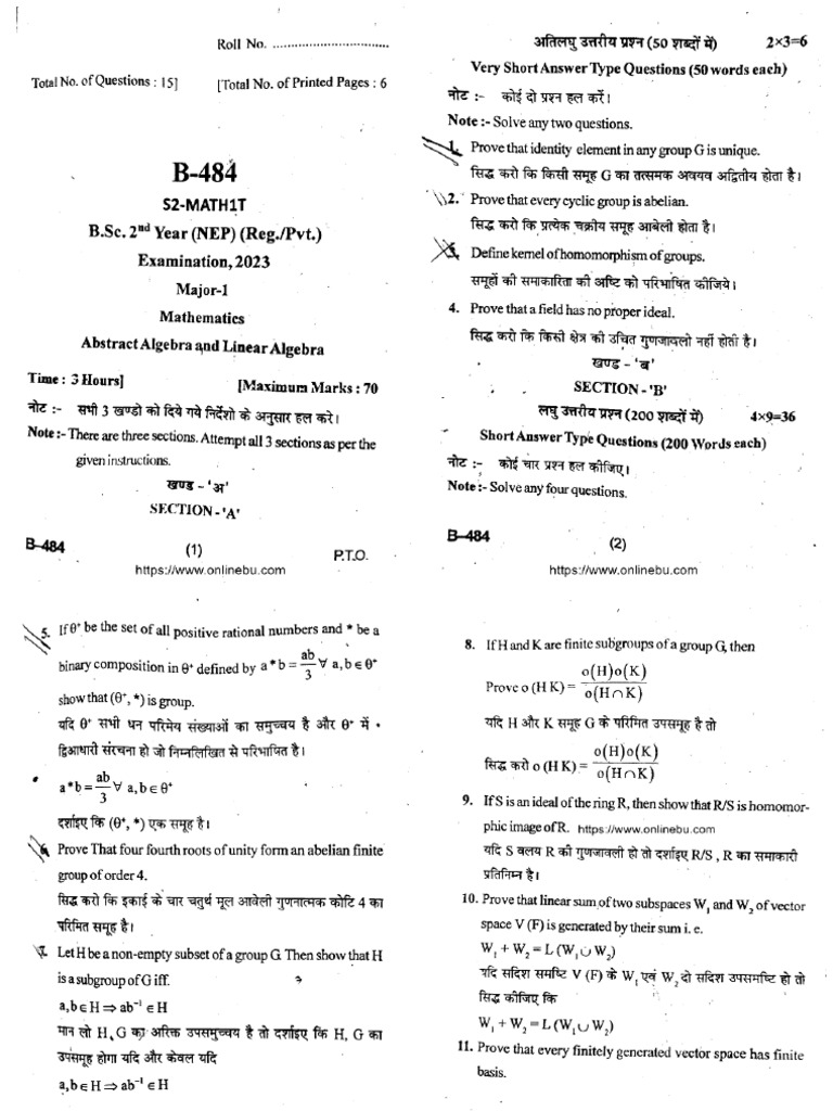 Bsc 2 Year Mathematics Abstract Algebra and Linear Algebra b 484 2023 | PDF