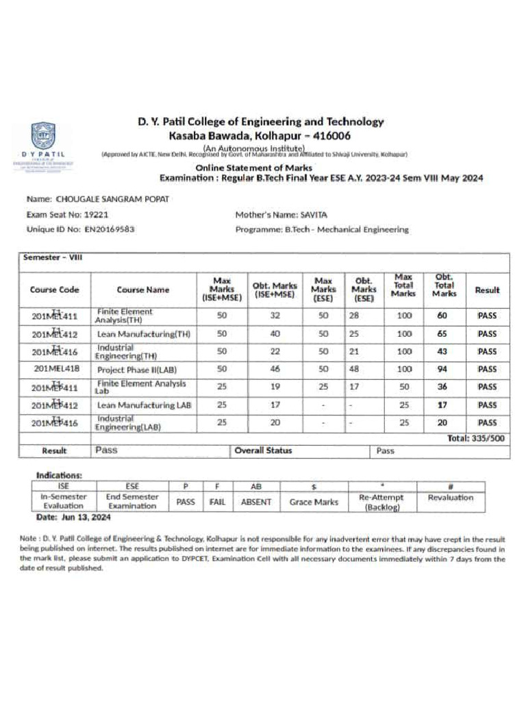 Final Year Marksheet | PDF