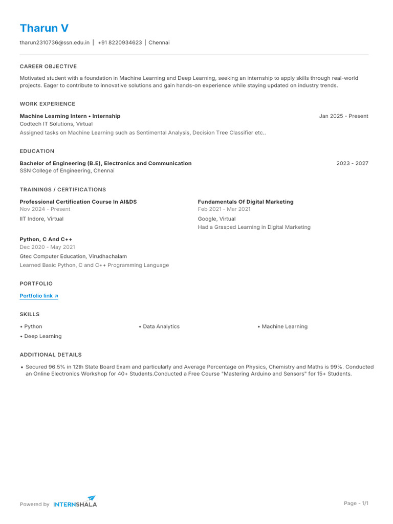 TharunV InternshalaResume | PDF