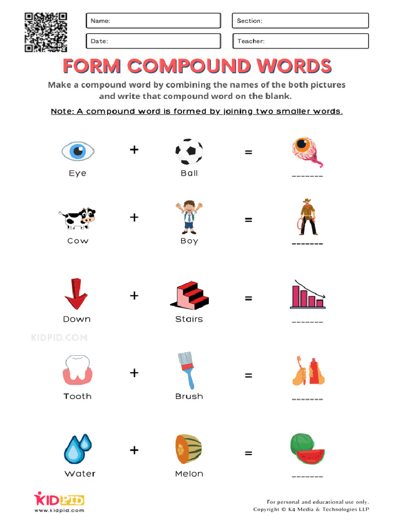 3 Form Compound Words Printable Worksheets For Grade 1 | PDF