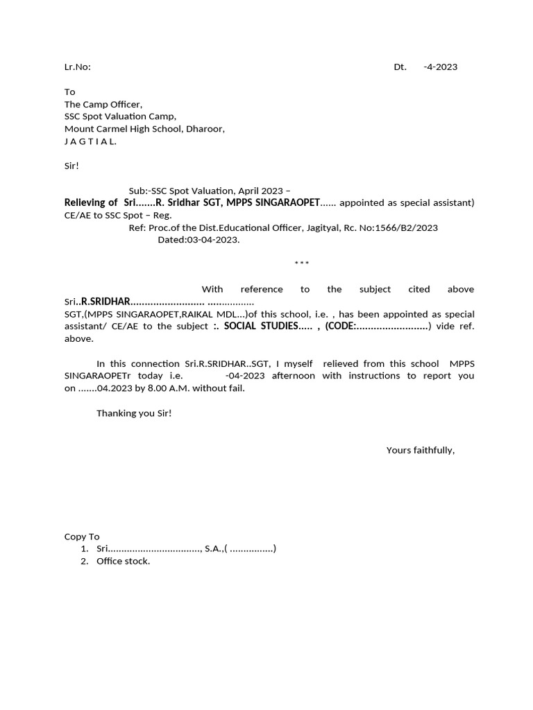 SSC Spot Valuation Relieving Letter | PDF