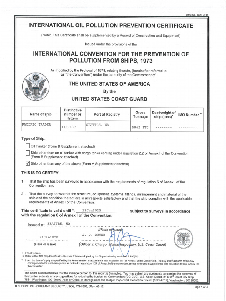 IOPP Example Pacific-Trader-International-Oil-Pollution-Prevention-Certificate | PDF