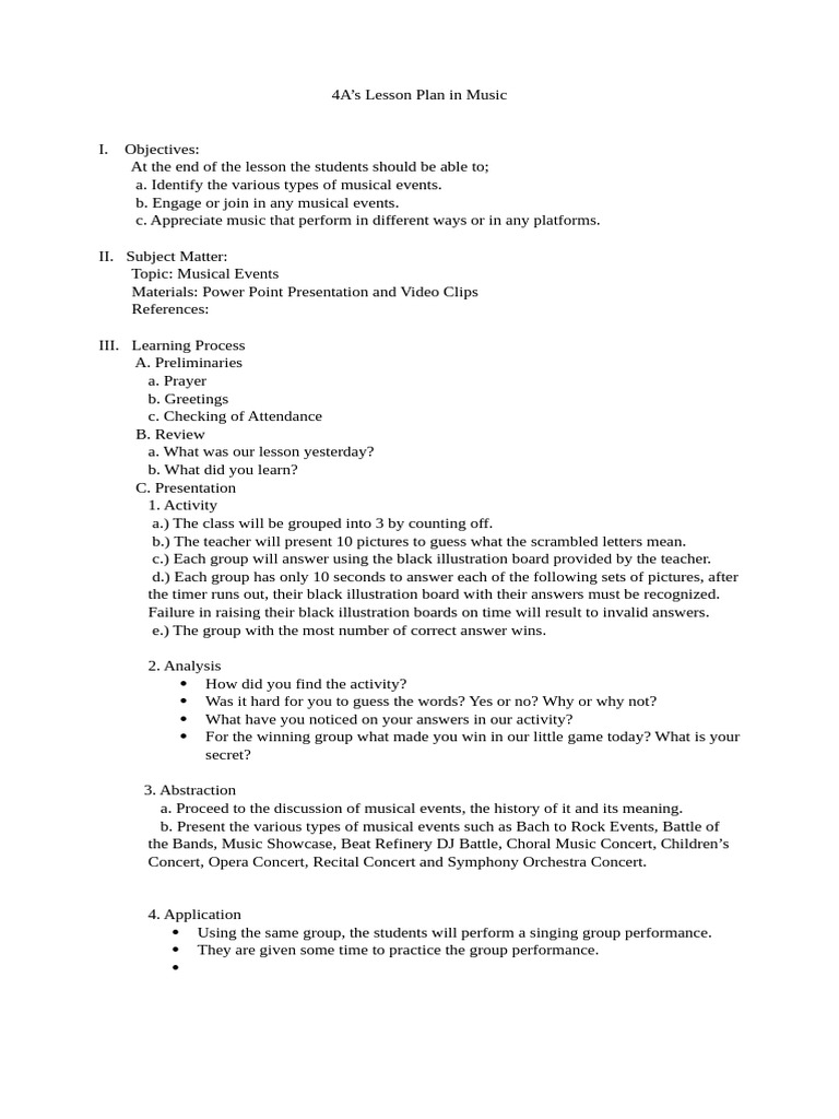 Music Lesson Plan: Exploring Events | PDF