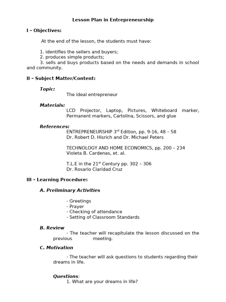 Entrepreneurship Lesson Plan Overview | PDF | Entrepreneurship | Teachers