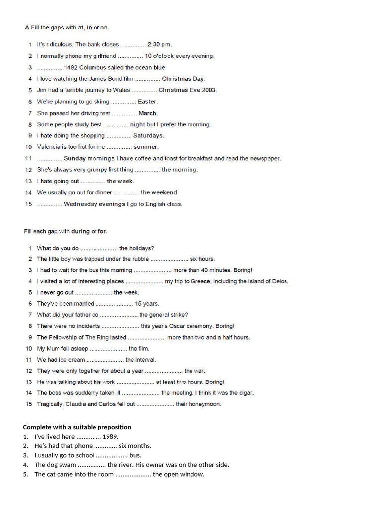 Preposition Exercise Worksheet | PDF
