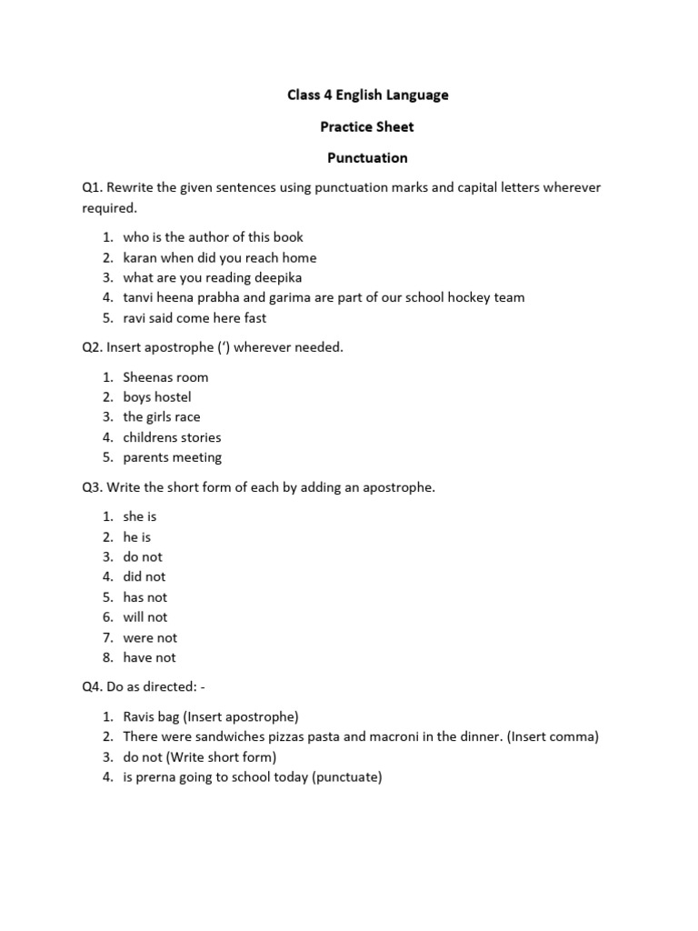 Grade 4 Punctuation Practice Sheet | PDF