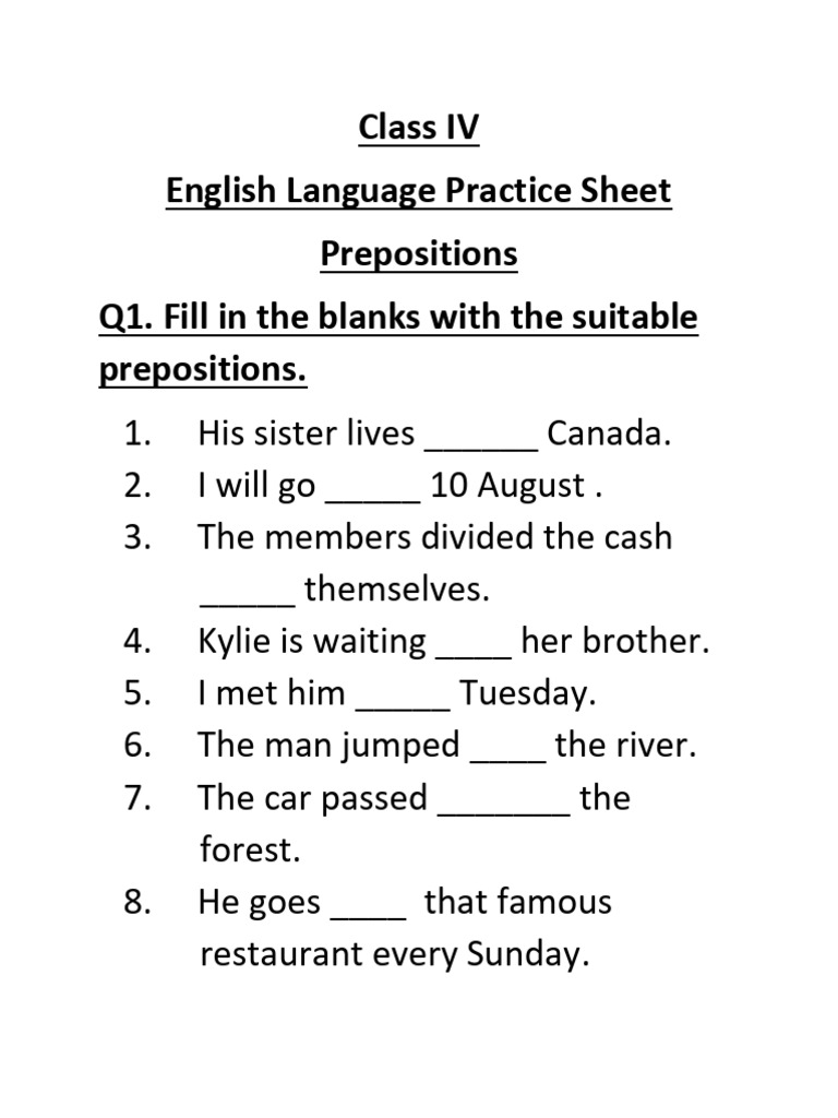 Preposition Practice Sheet for Class IV | PDF