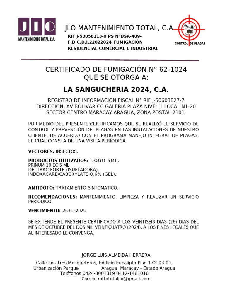 Certificado de Fumigacion | PDF