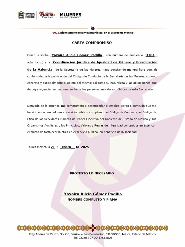 Carta Compromiso 1er Sem 2025 (Machote) | PDF