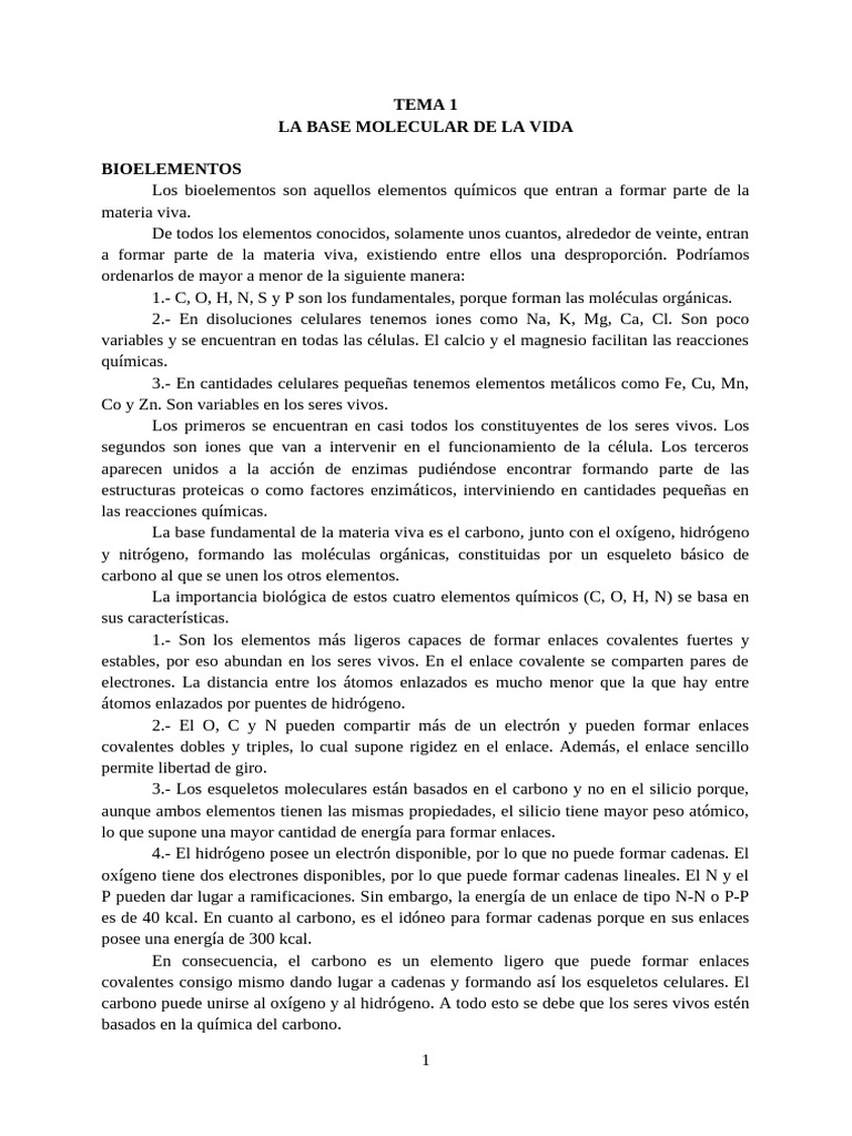 Tema 1 - La Base Molecular de La Vida | PDF | Polisacárido | gordo