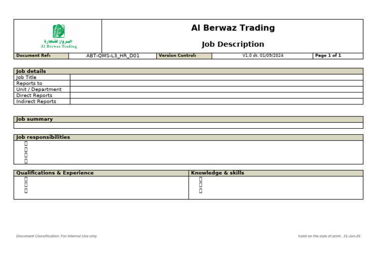 ABT-QMS-L3 - HR - D01 - Job Description | PDF