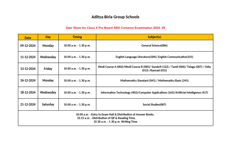 DATE Sheet Class X ABG Common Pre Board Exam 2024 - 25 | PDF