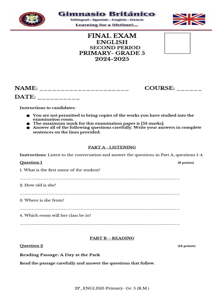 Grade 5 English Final Exam 2024-2025 | PDF | Adverb | Preposition And ...