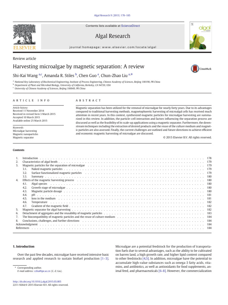 Harvesting Microalgae by Magnetic Separation | PDF | Adsorption ...