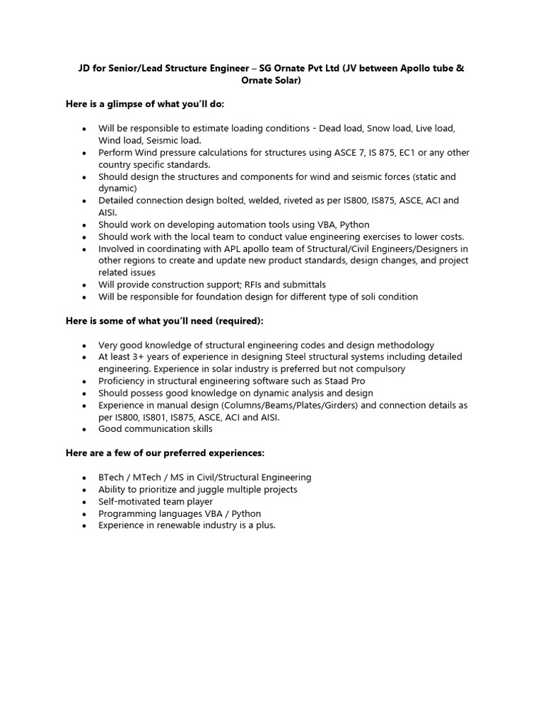 JD - Structure Engineer | PDF