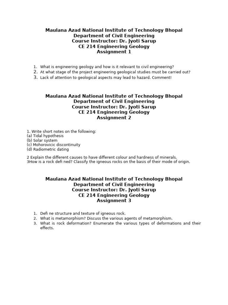 Assignment 1 CE-214 2024 Engineering Geology | PDF | Geology | Rock ...