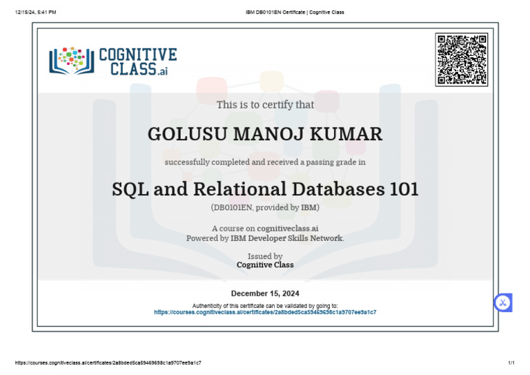 IBM DB0101EN Certificate - Cognitive Class | PDF