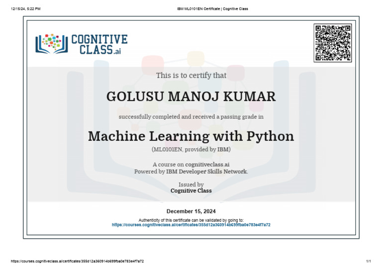 IBM ML0101EN Certificate - Cognitive Class | PDF