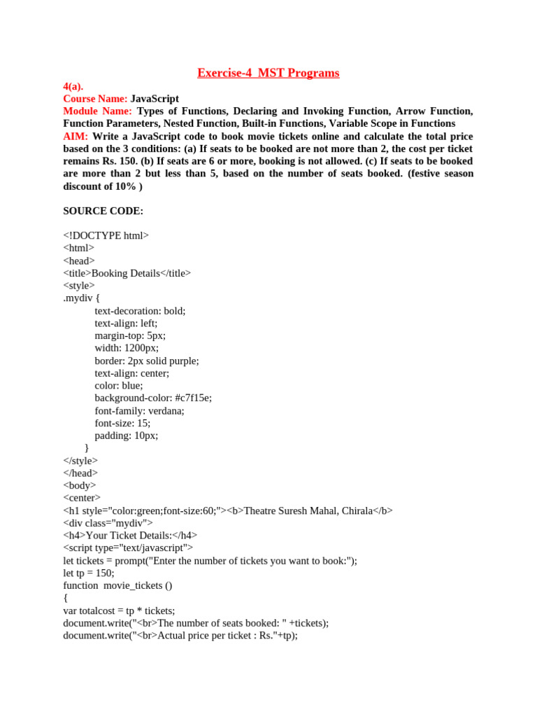 Exercise-4 MST Programs | PDF | Java Script | Class (Computer Programming)
