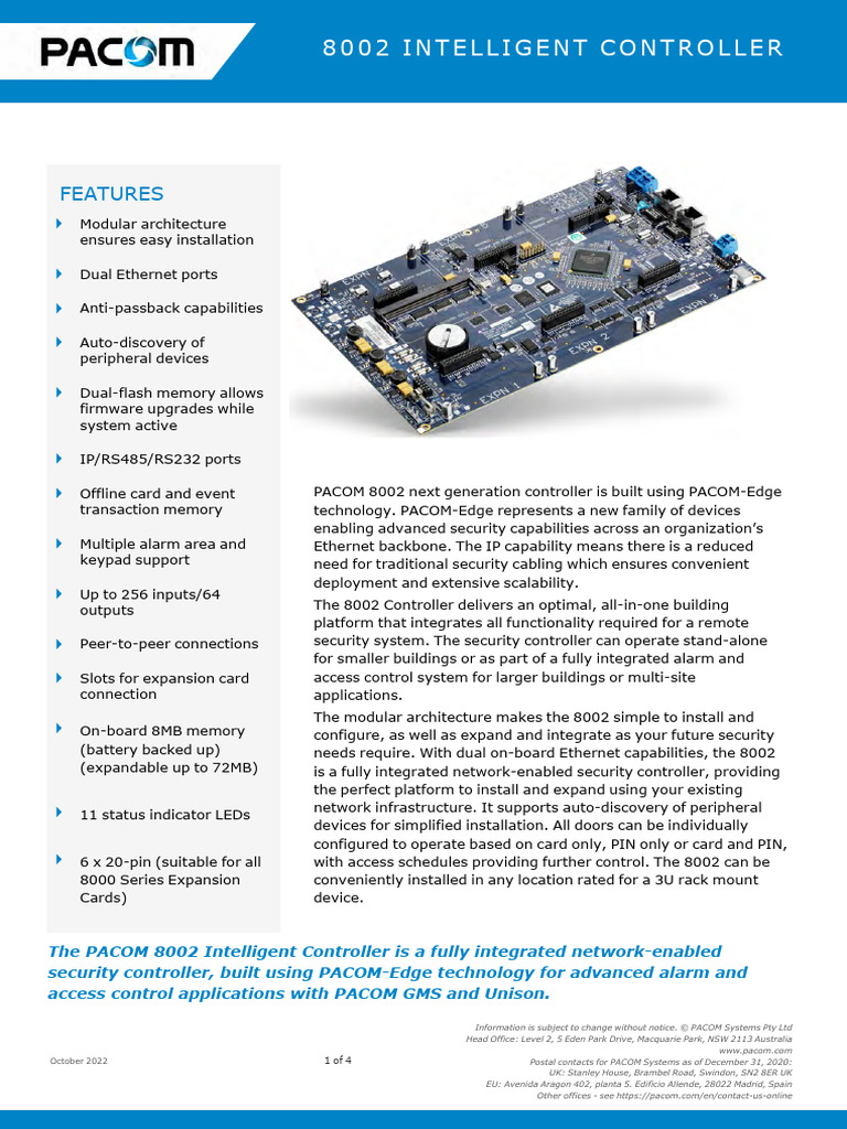PACOM 8002 Intelligent Controller Datasheet | PDF | Computer Network | Computer Hardware