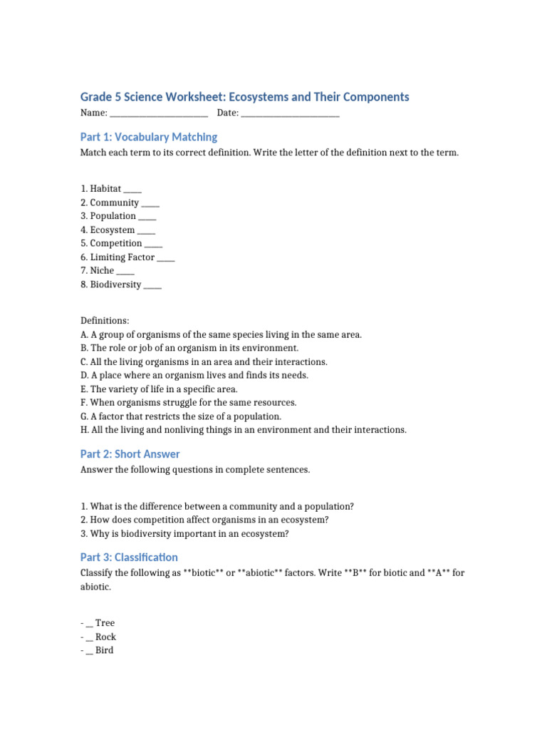 Grade 5 Ecosystem Worksheet | PDF