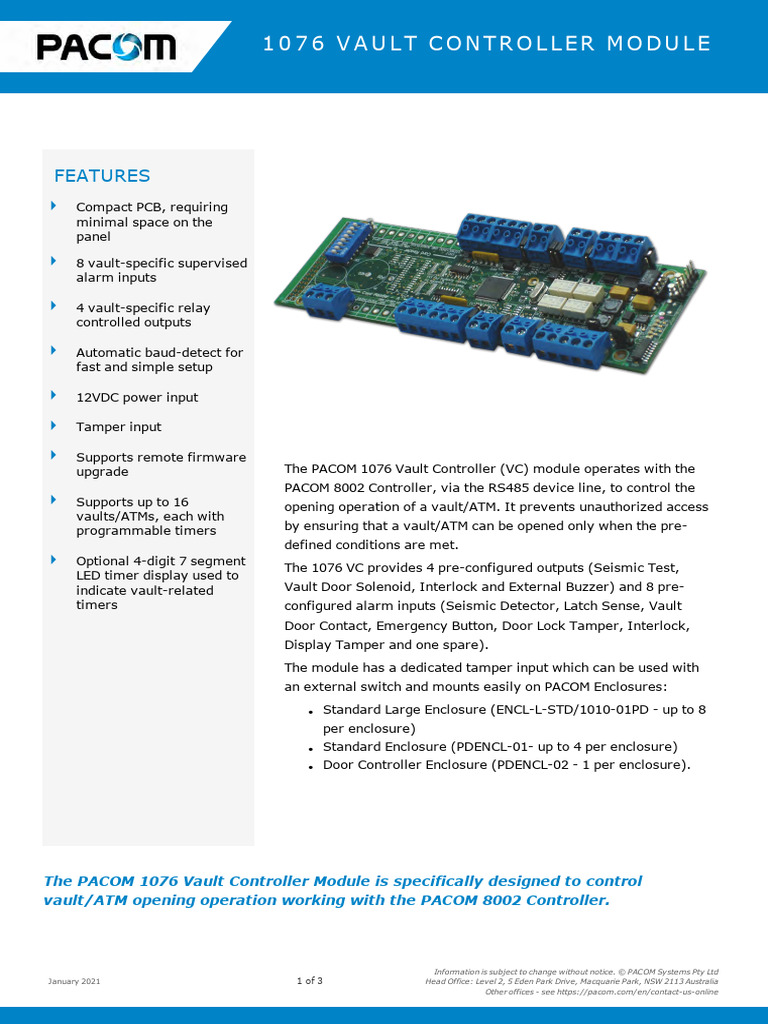PACOM 1076 Vault Controller Module Datasheet | PDF | Relay | Automated Teller Machine