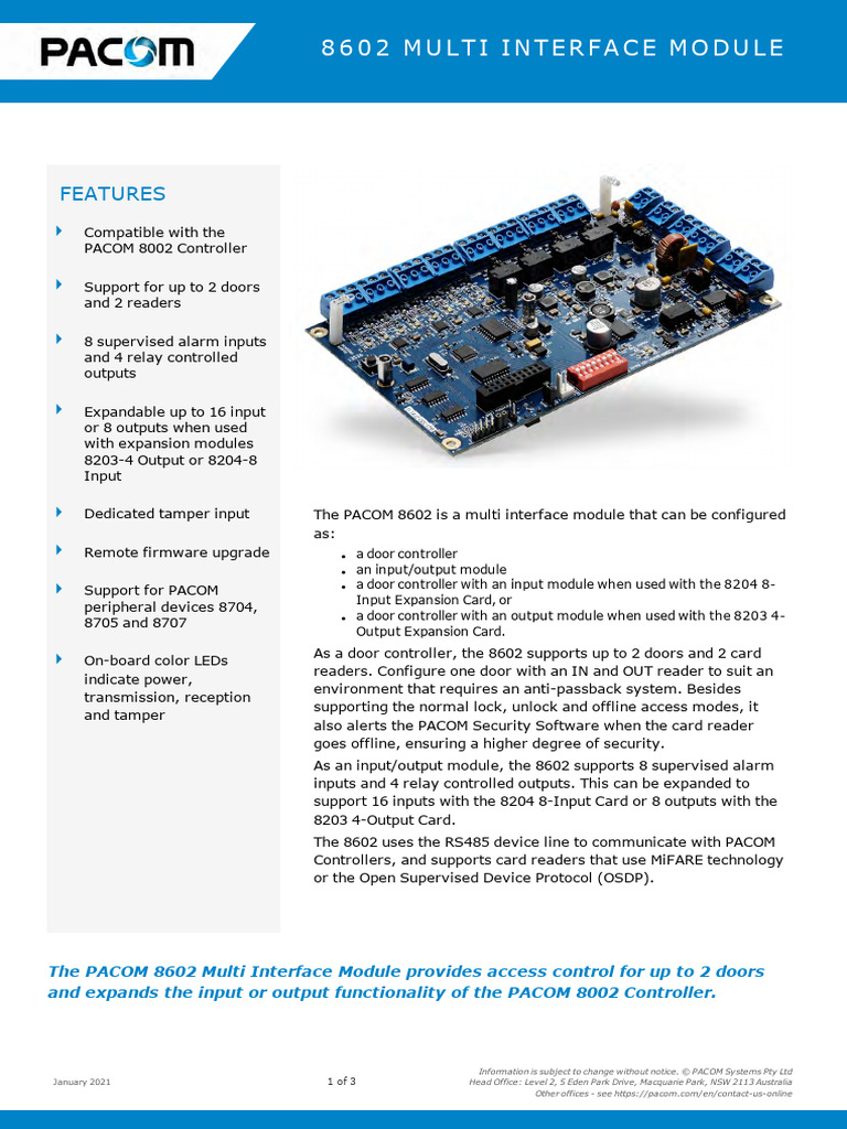 PACOM 8602 Multi Interface Module Datasheet | PDF | Power Supply ...
