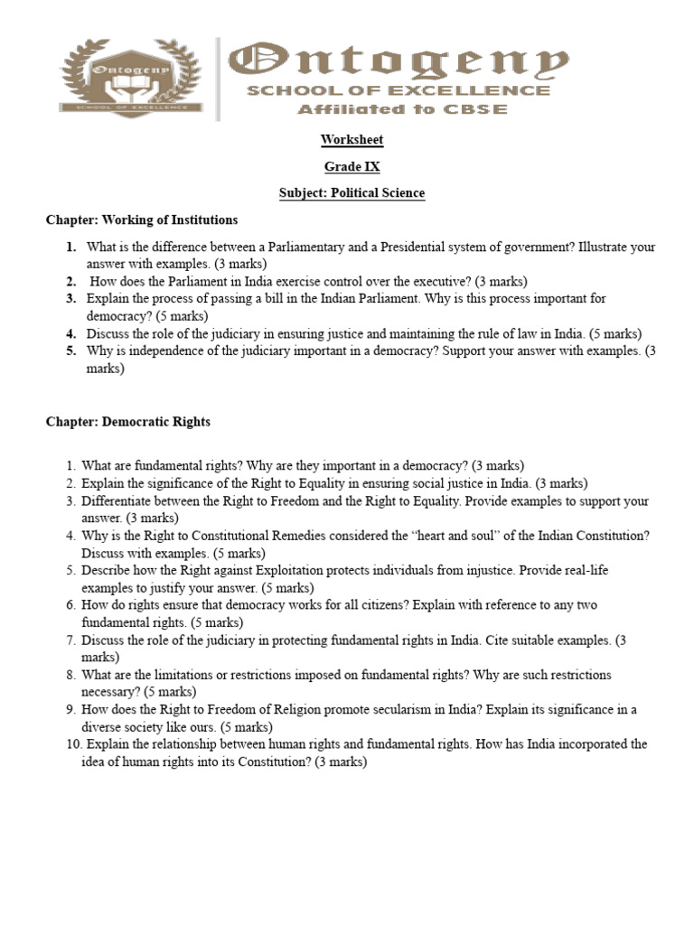 Political Science Worksheet for Grade IX | PDF
