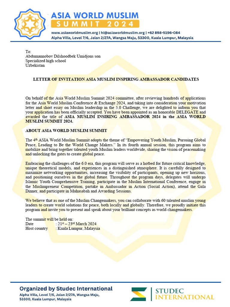 AWMS Letter of Acceptance Abdumannobov Dilshoodbek Umidjons Son | PDF
